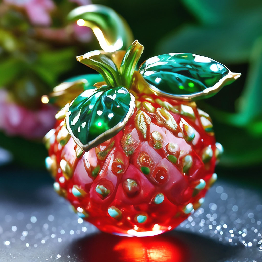 "Beautiful mother-of-pearl red glass strawberry with green emerald ...