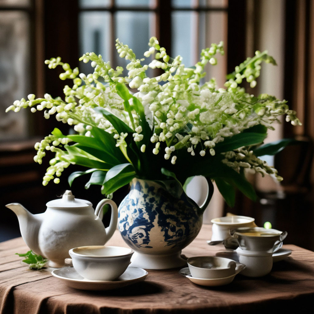 "A table, a tea set on the table, a vase in the center, a bouquet of ...