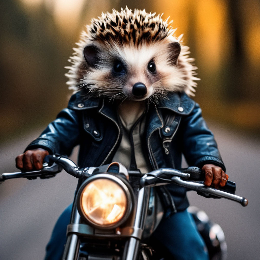 "Hedgehog on a motorcycle in a leather denim jacket" — image created in ...