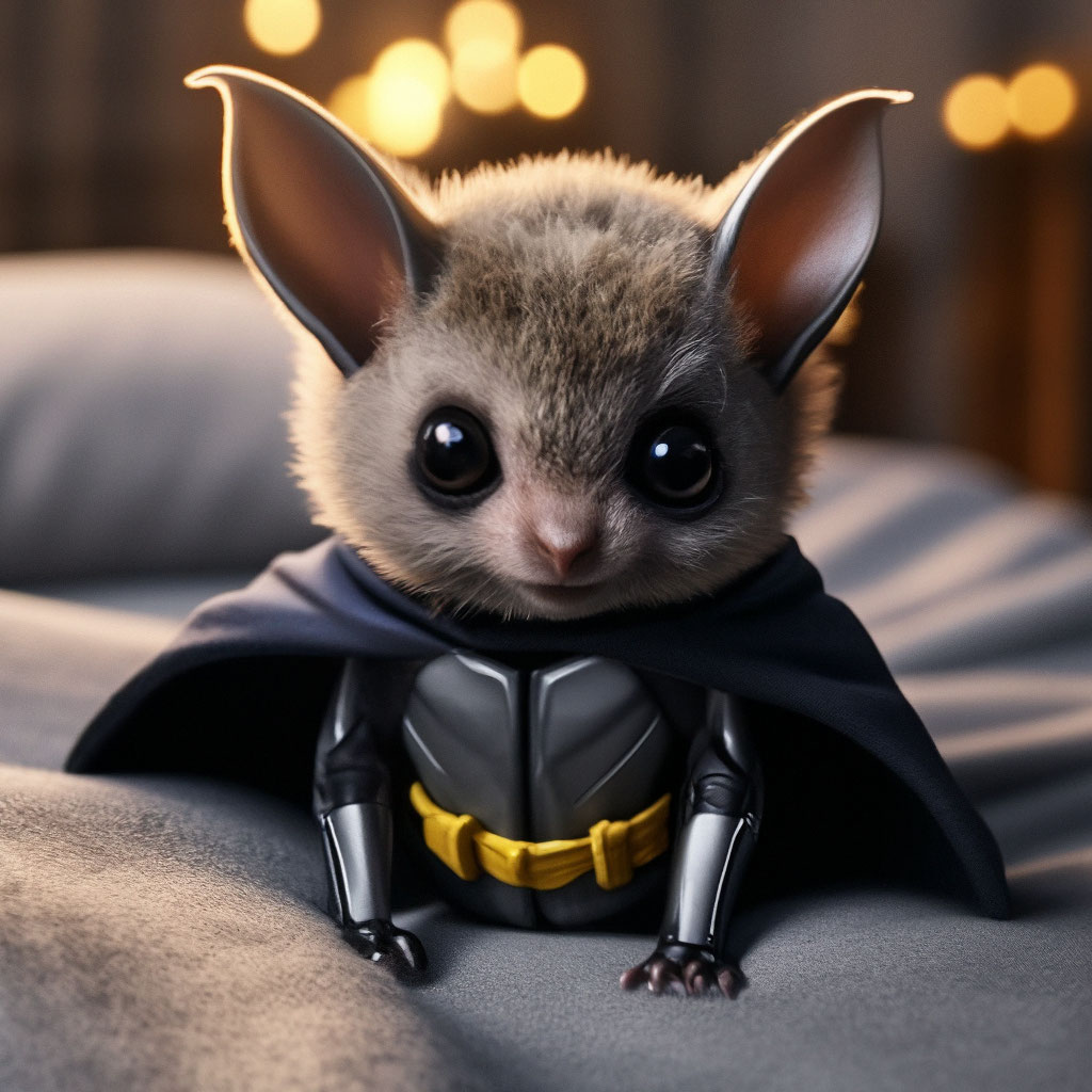 "A tiny fluffy cute bat in a Batman costume wishes good night 😴 ...