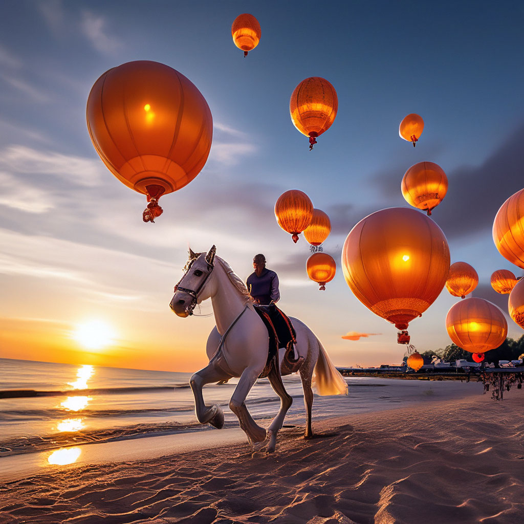 "A white steed in a jump. Balloons in the shape of a mandarin are ...