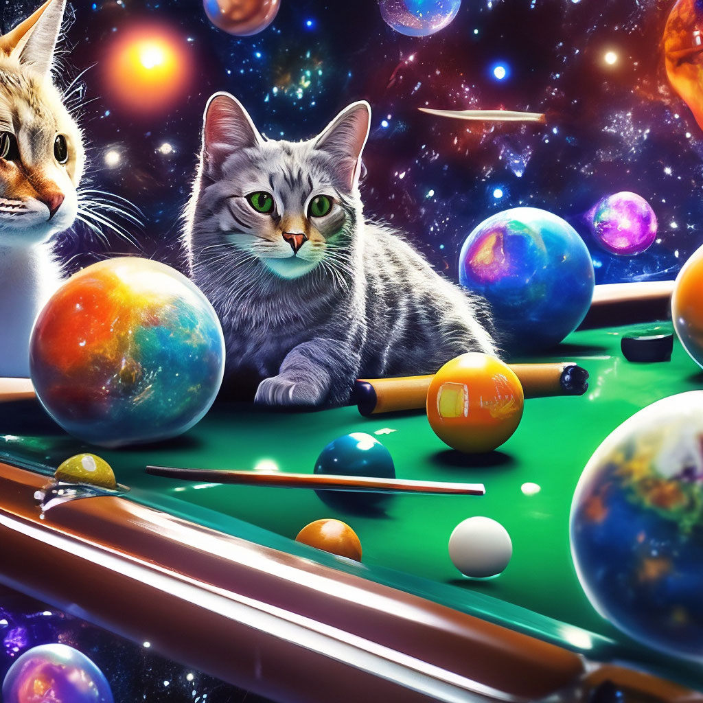 "Anthropomorphic cat,comic,fractal, playing billiards with planets ...