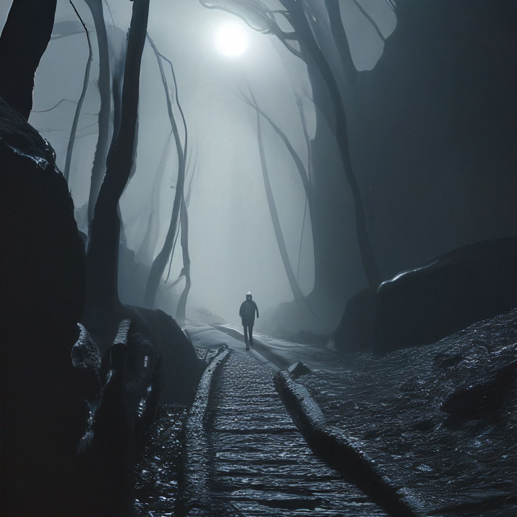 "A creepy, gloomy, gray path through a dense forest into a terrible ...