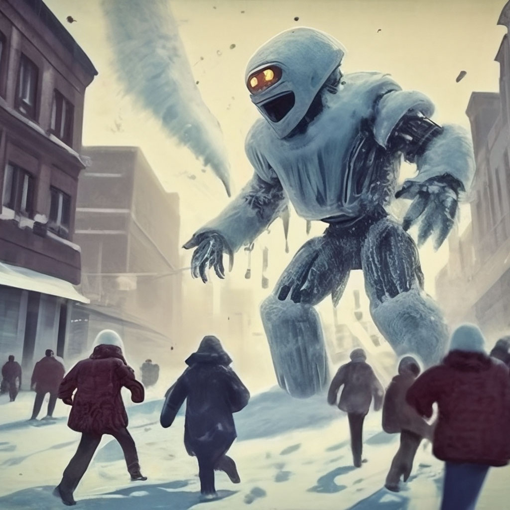 "Scary creature in the form of a robot , ice, icy, breathing snow in ...