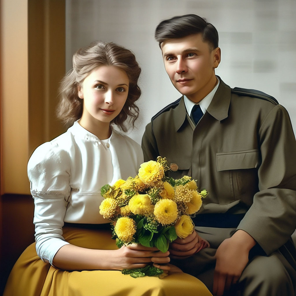 "Soviet couple in the registry office. the girl is sitting on a chair ...