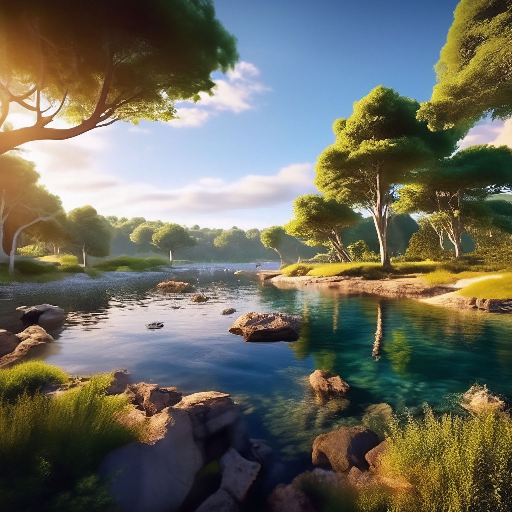 "River,island,trees,realistic landscape" — image created in Shedevrum