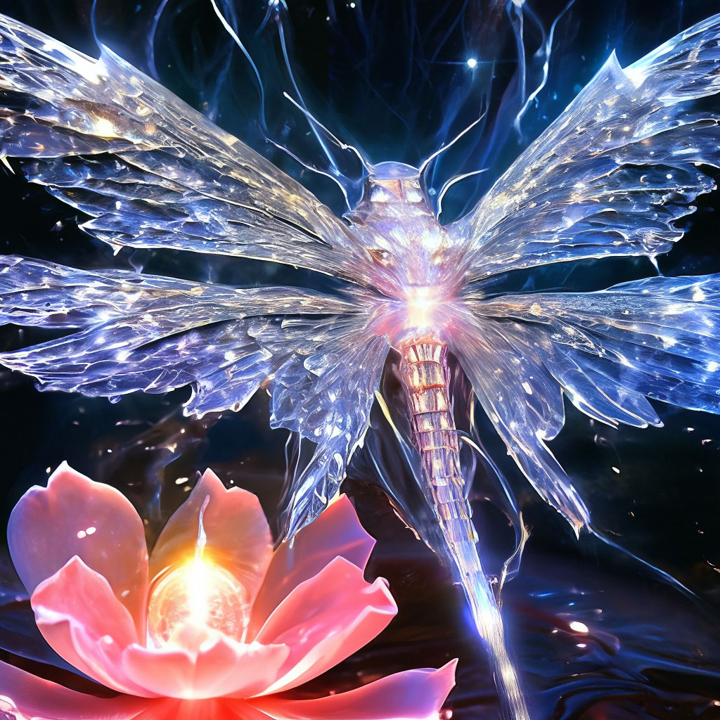 "Eight-winged dragonfly on a coral …" — image created in Shedevrum