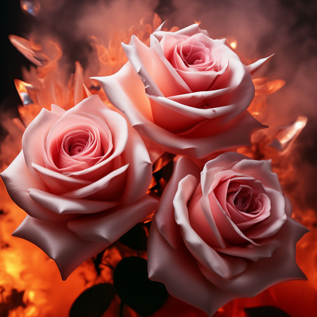 "Hyperrealistic pink roses with crystal spikes in fiery smoke ...
