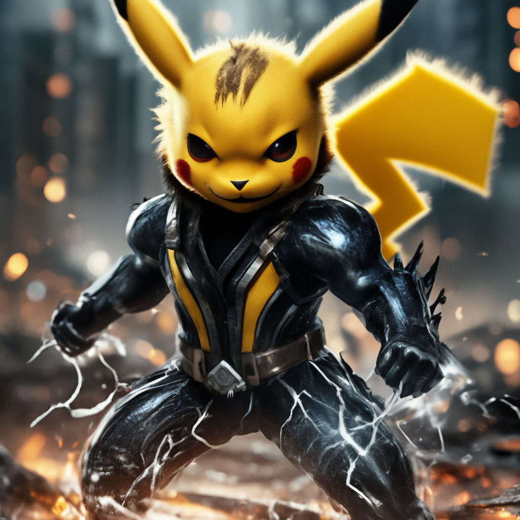 "In a combat stance, a Mega cool mink fluffy silky Pikachu symbiote in ...