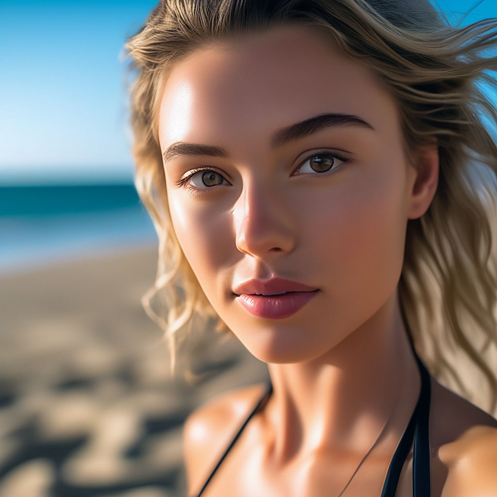 "A girl in a mini bikini ,a view from the front,pronounced lips,languid ...