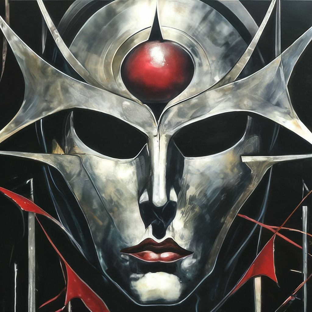 "Devils metallic mask, grotesque, horror in bauhause style, surrealism ...