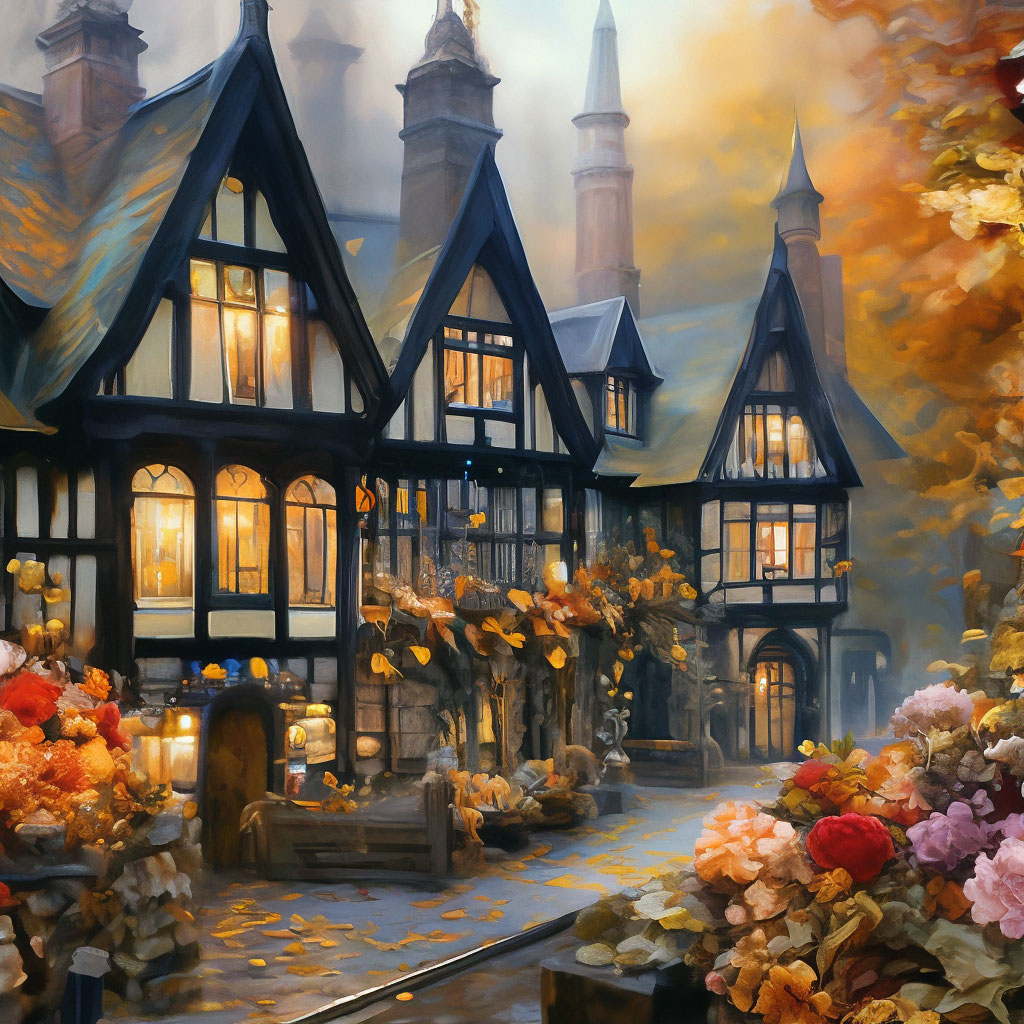 "Watercolor drawing, fabulous hogsmeade village in autumn, floral ...