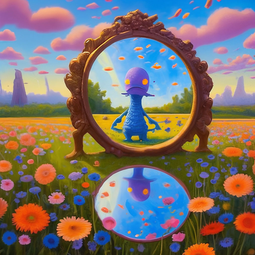 "A mirror in a field of flowers, a kind monster in the reflection of ...