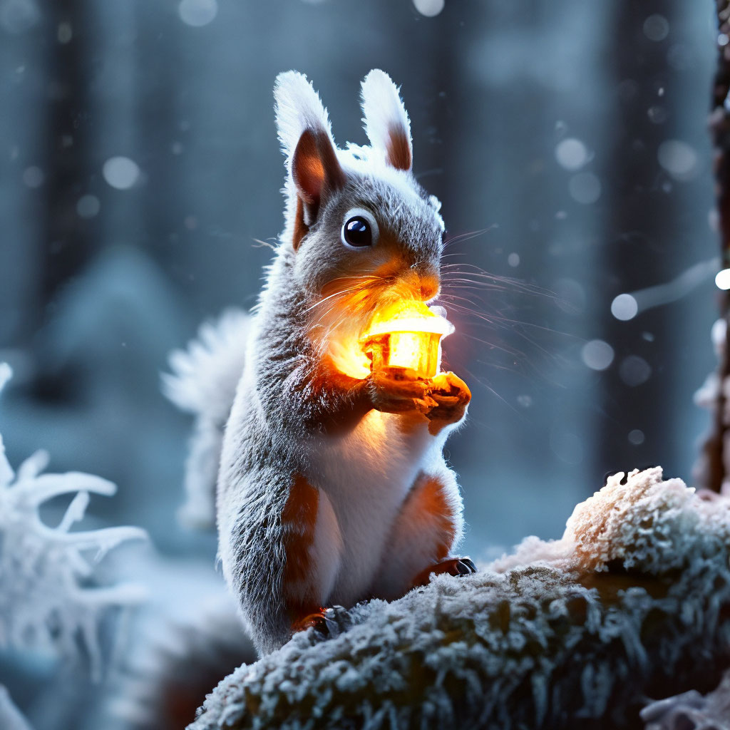 "Squirrel with a flashlight in a winter forest covered with frost ...