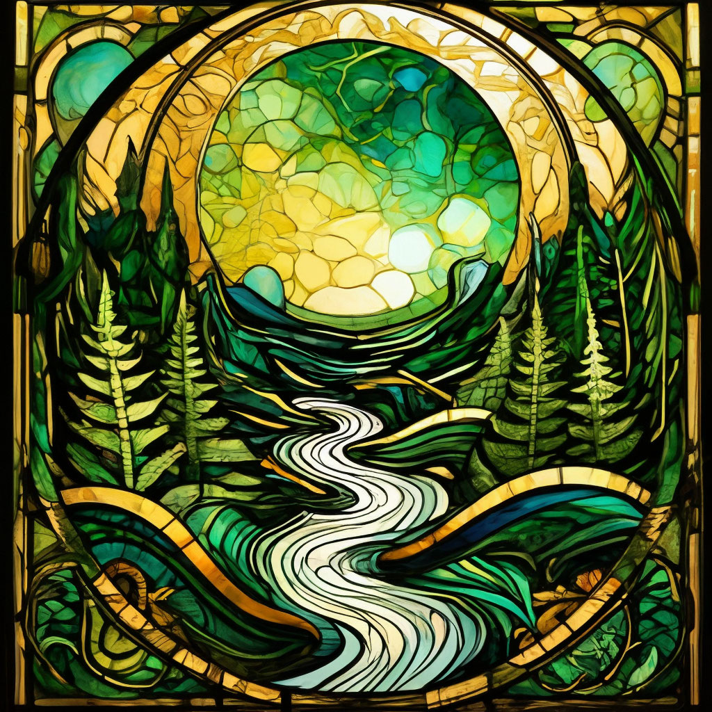 "Stained glass - cosmic landscape, ferns, gold, shades of green, glass ...
