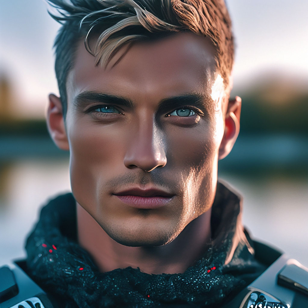"Real male face on the background of a lake, , aesthetically pleasing ...