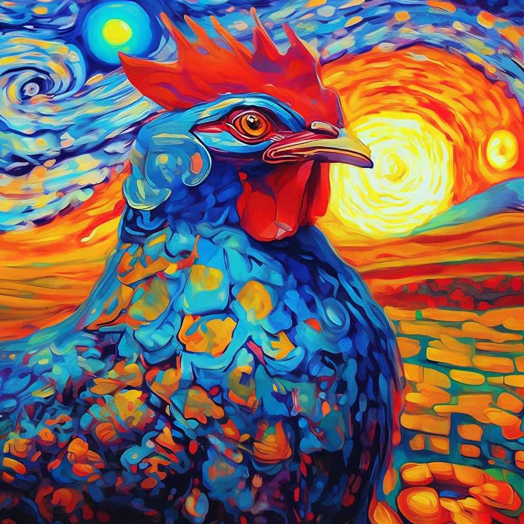 "Brazen chicken in the style of Van Gogh" — image created in Shedevrum