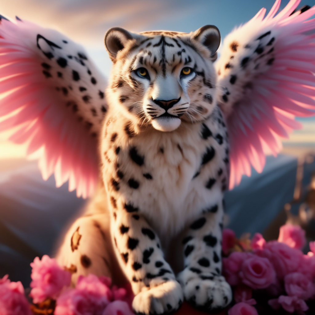 "Pink fluffy snow leopard with big fluffy feathered wings sits on a ...
