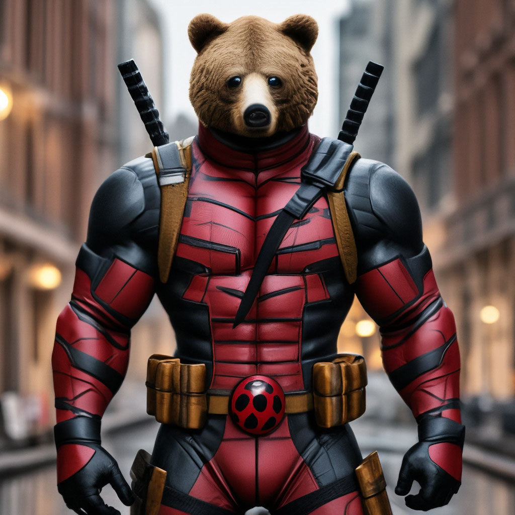 "Brown bear in a deadpool costume,human body,muscles are heavily ...