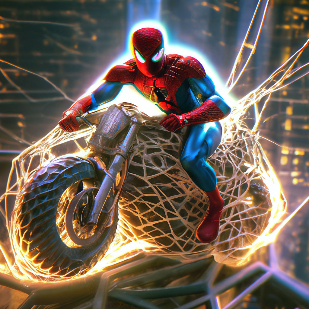 "Spider-man riding a motorcycle woven from a spider web, fine HDR ...