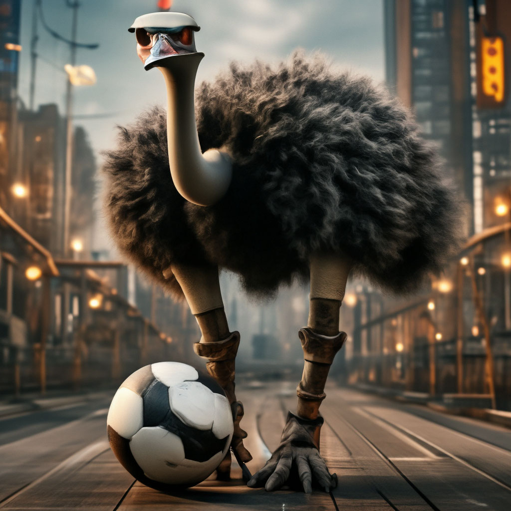 "Ostrich football player with a ball in cyber punk styles" — image ...