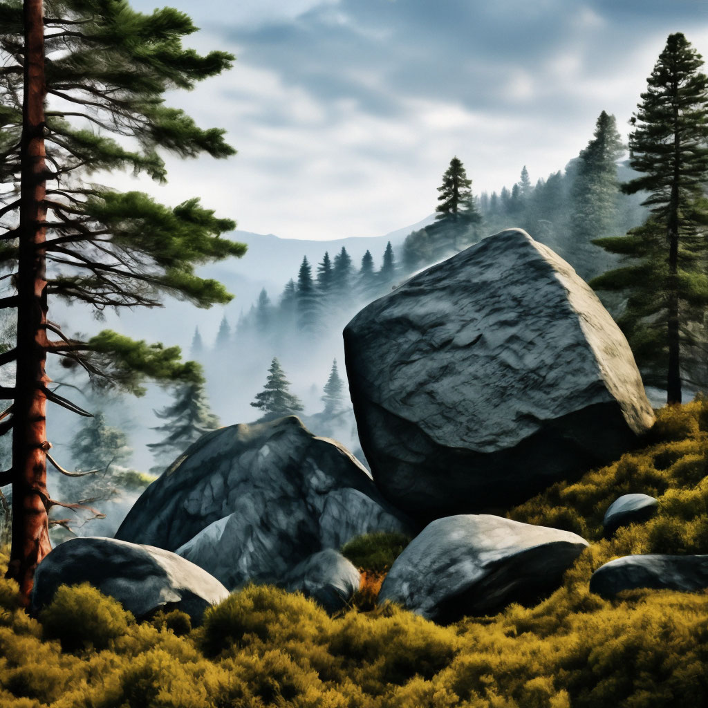 "A rock overgrown with pines and firs, boulders, morning, high ...