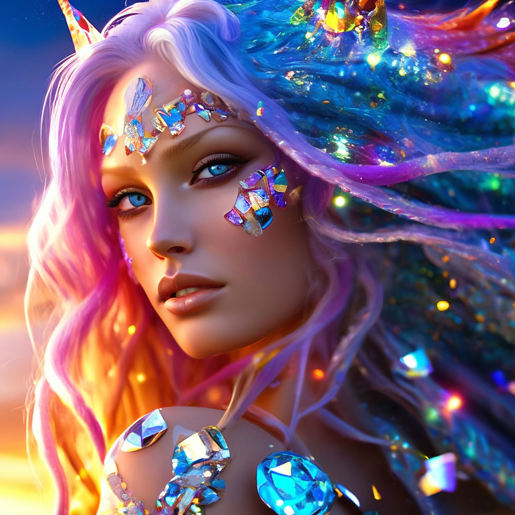 "Fairy megarealistic, long multicolored hair, rhinestones, mother-of ...