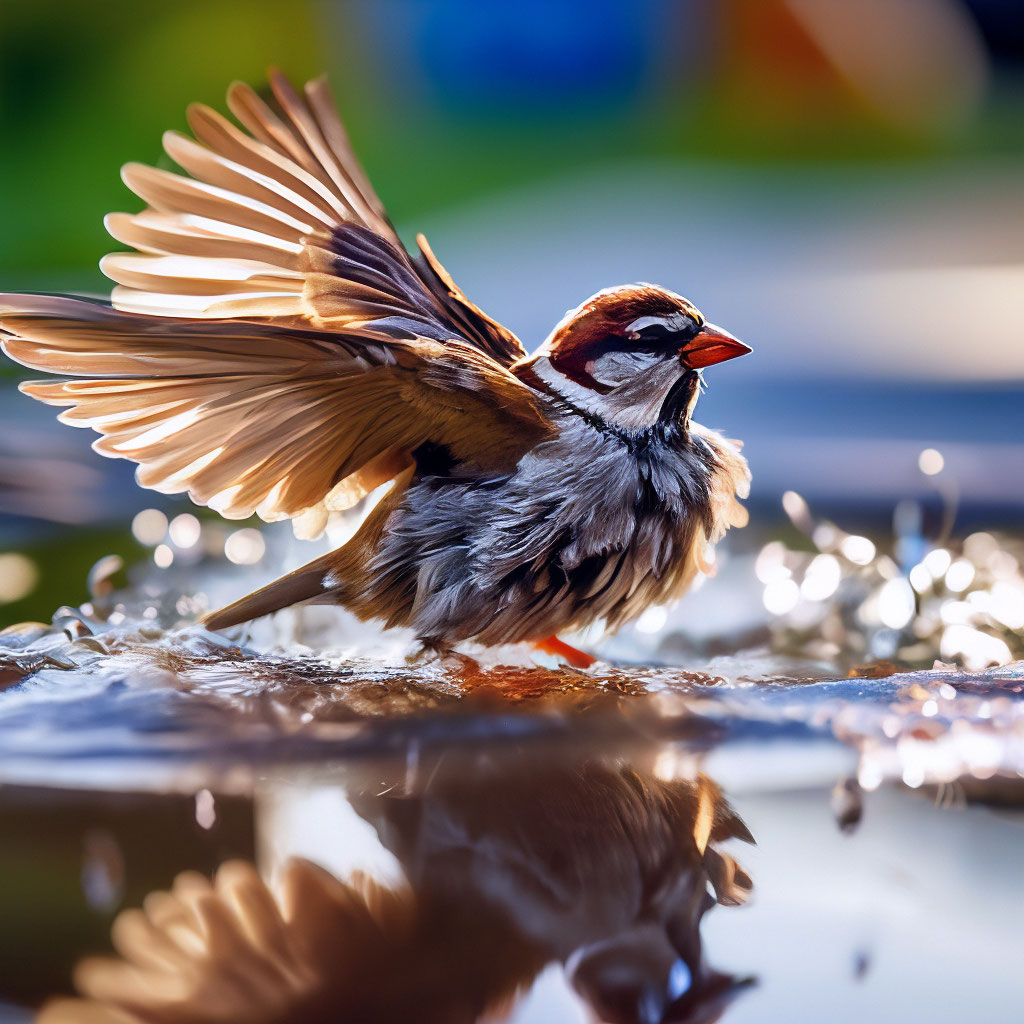 "Sparrow in a puddle Jumping and spinning. Feathers ruffled he said ...
