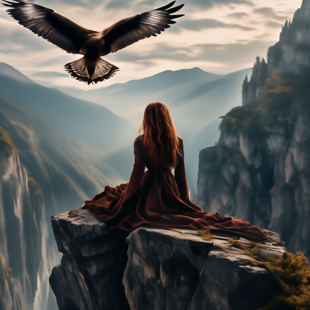 "Hawks are circling over a girl who is sitting on a cliff" — image ...