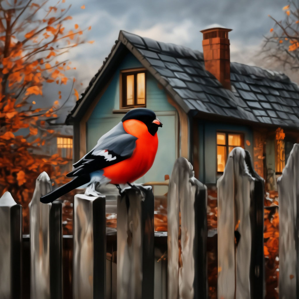 "A beautiful house with painted shutters, a fence, a bullfinch is ...