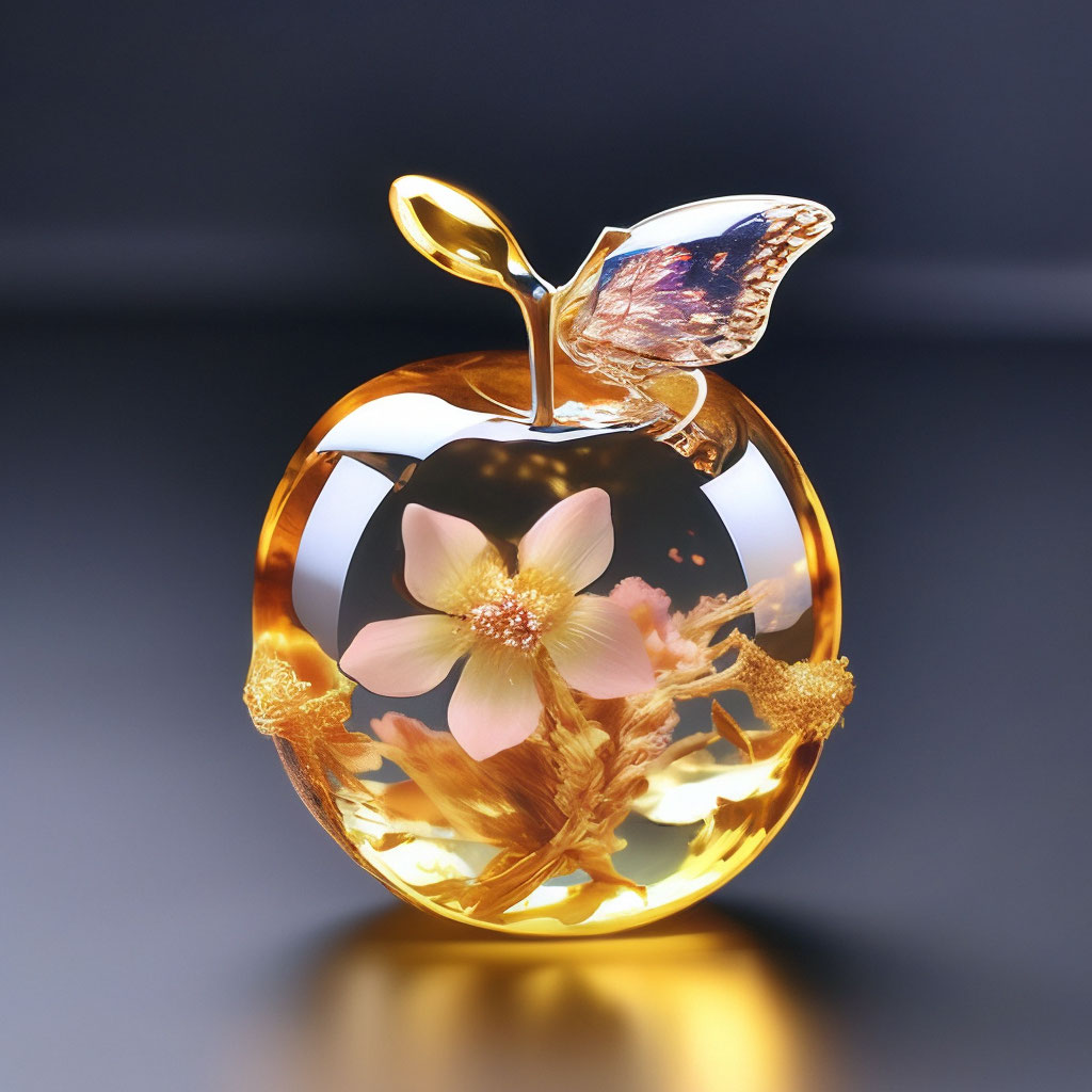 "Transparent amber precious apple inside it is a butterfly and a peony ...