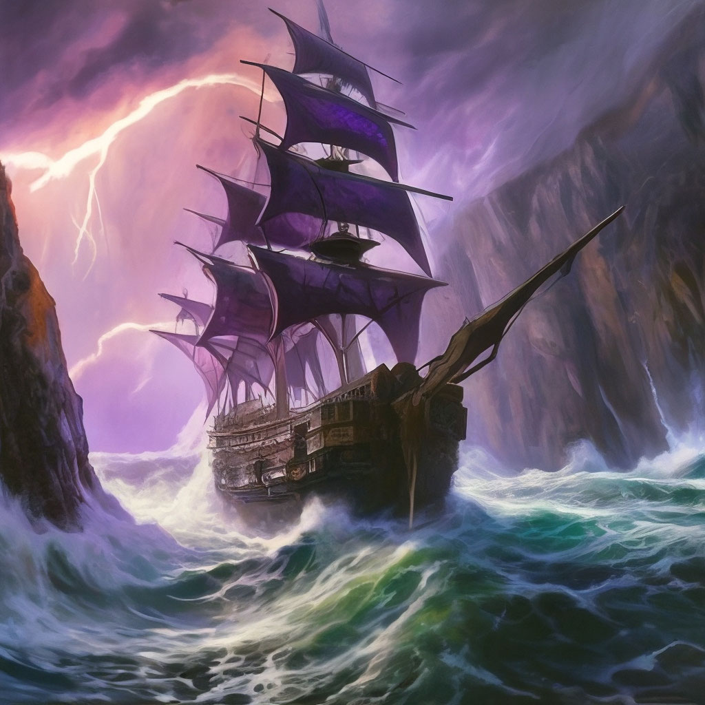 "Raging dark sea, waves, an ancient ship under a purple sail passes ...
