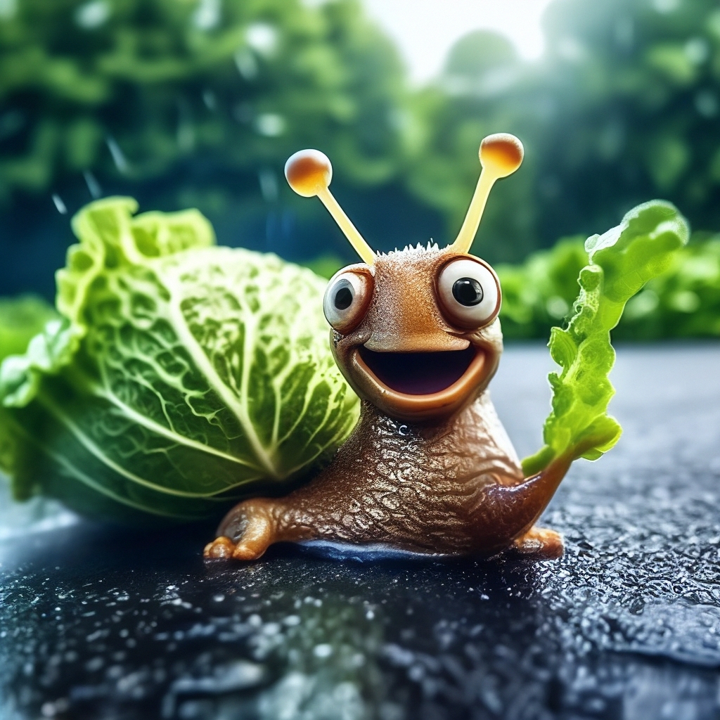 "Funny, thick fluffy snail, crawling on wet asphalt and fighting for ...