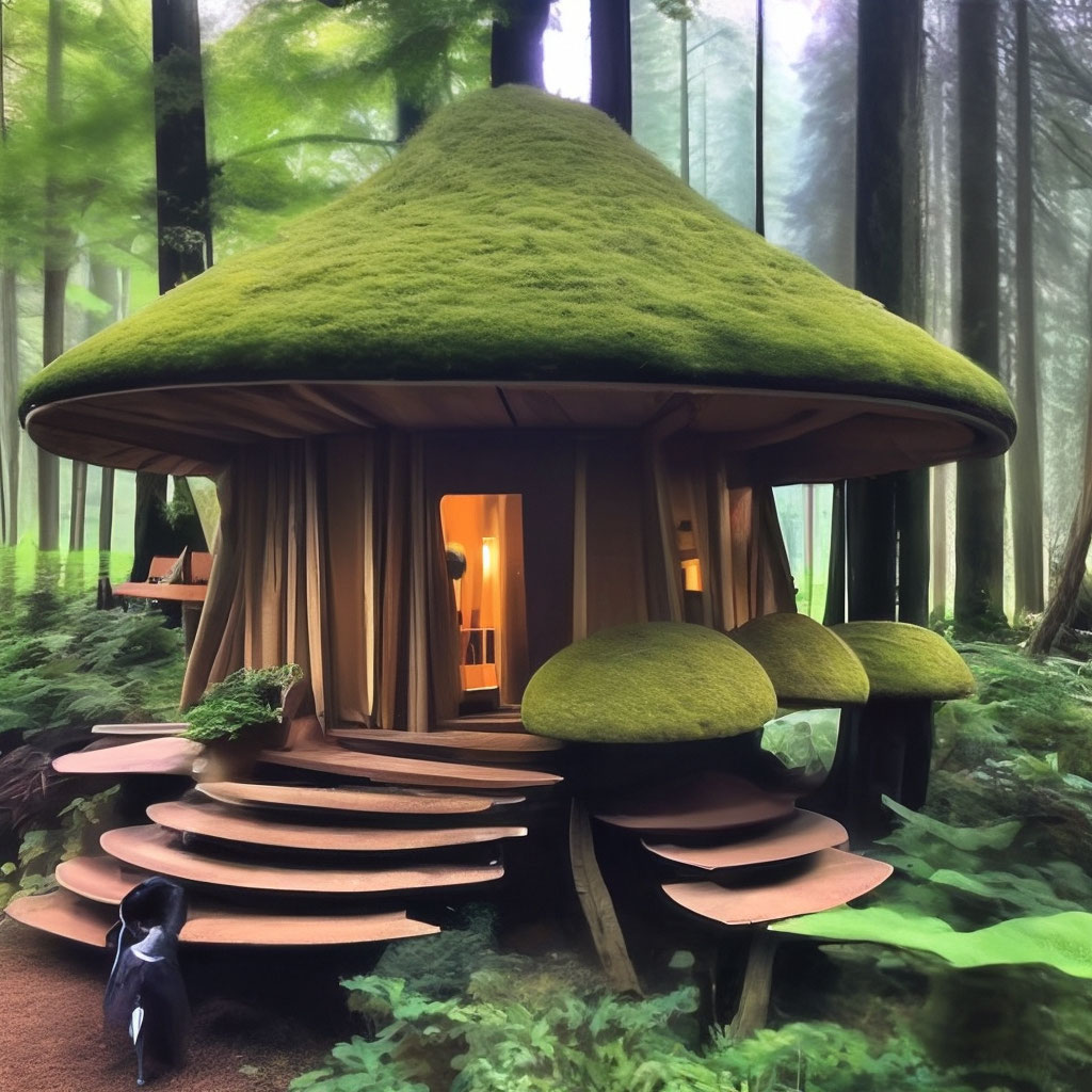 "A modern hut in the middle of the forest, made only of branches of ...