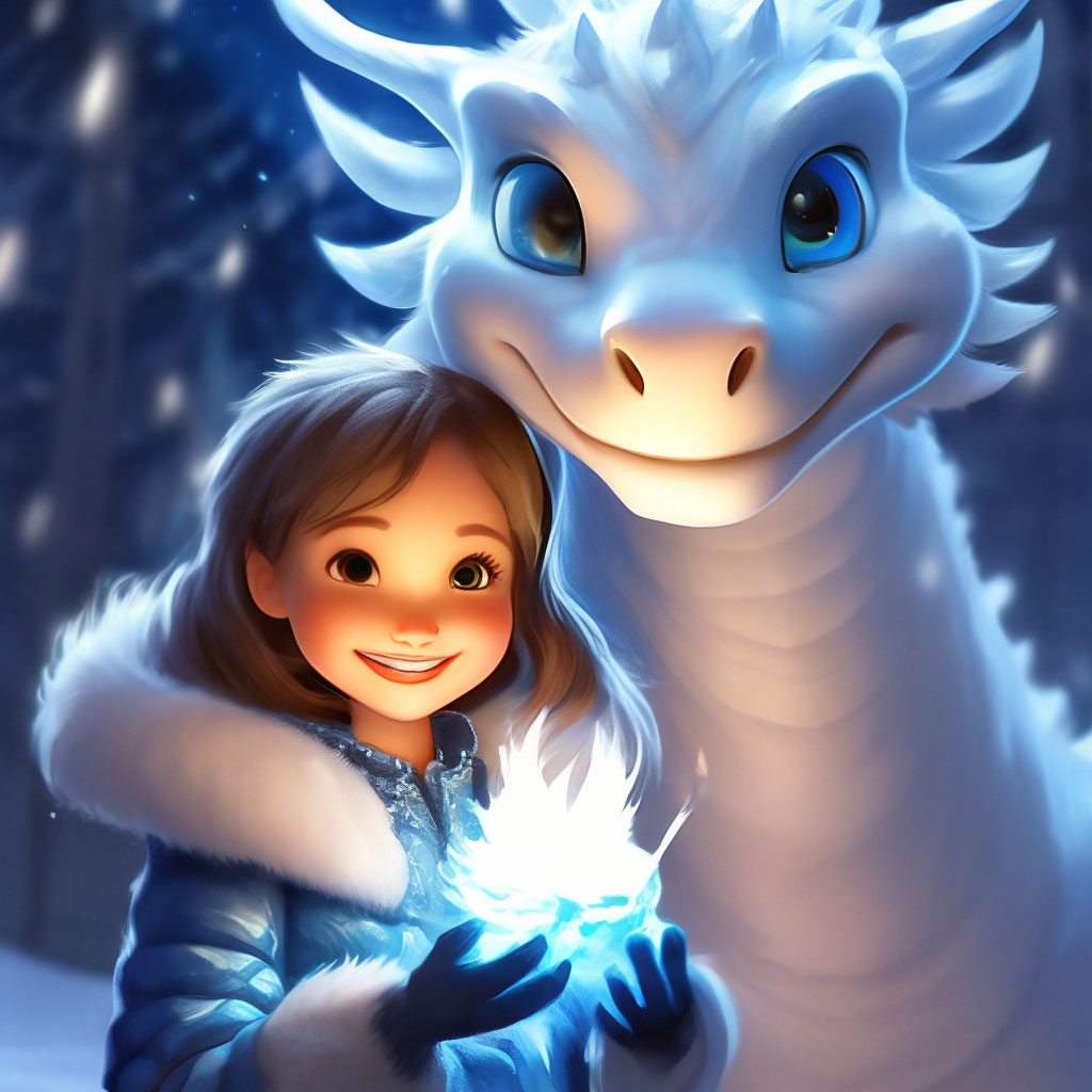 "A small white cute rounded dragon and a real real girl are standing ...