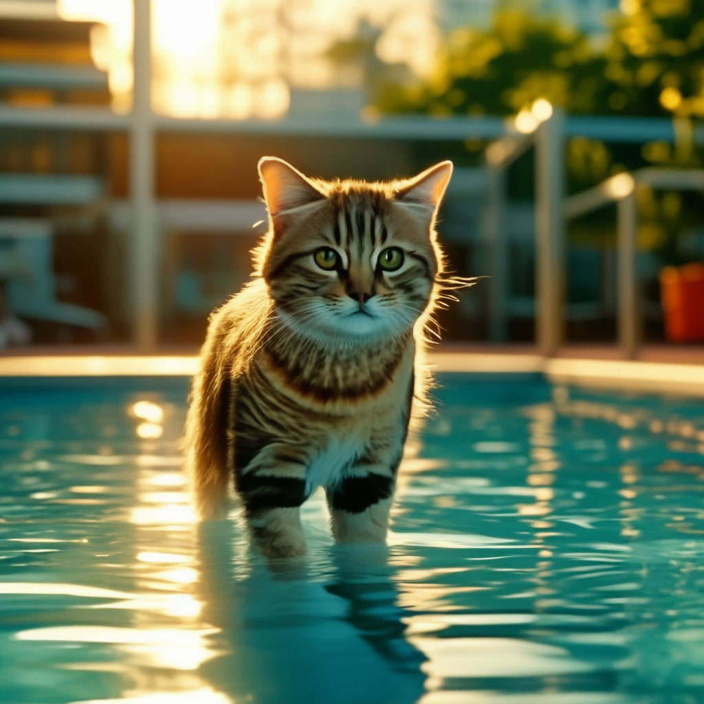 "Cute cat goes to the pool" — image created in Shedevrum
