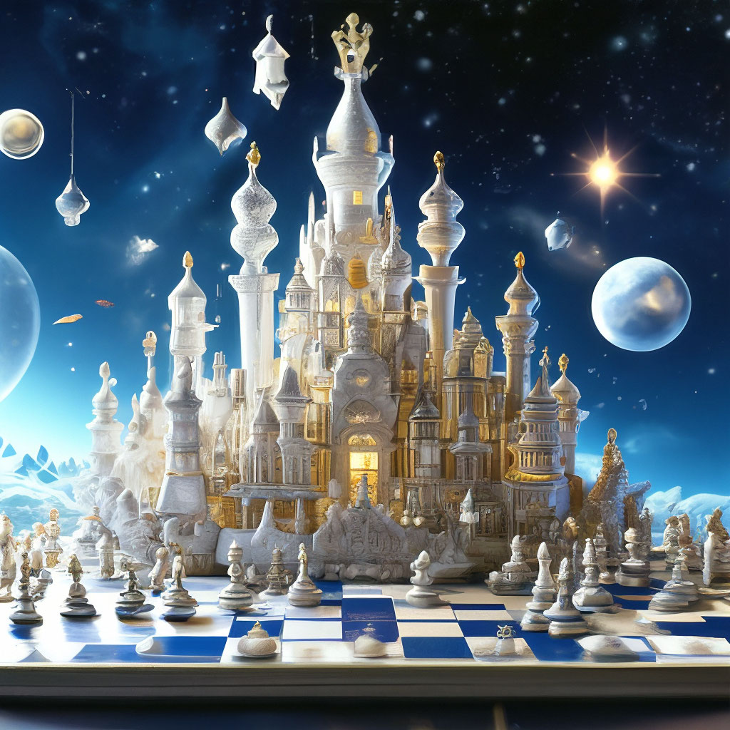 "Photorealism, chess pieces, realistic, fairy-tale village, levitating ...