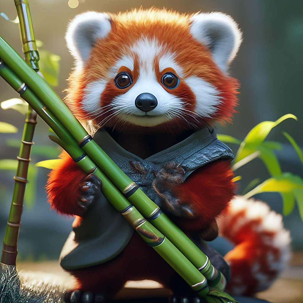 "Anthropomorphic little red panda holds bamboo, + connected, octane ...
