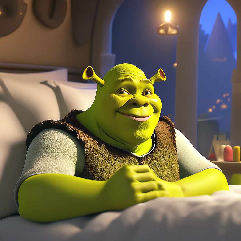 "Shrek goes to bed and wishes everyone a good night" — image created in ...