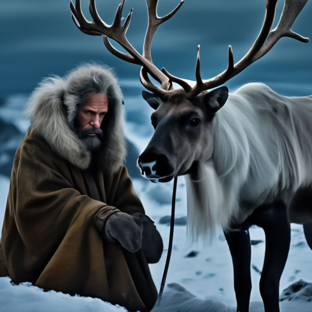 "Photographic drawing for a magazine+ reindeer and shaman among ice+ ...