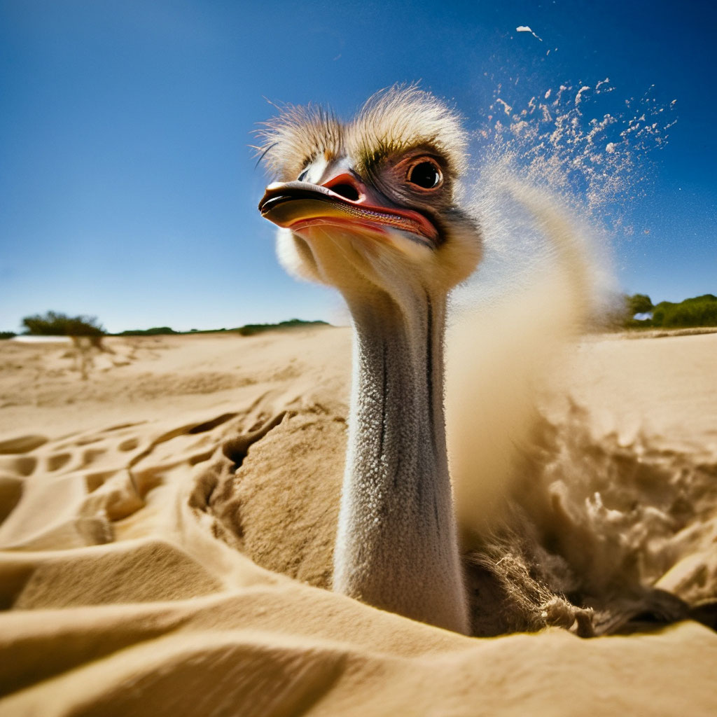"The ostrich that stuck its HEAD in the sand" — image created in Shedevrum