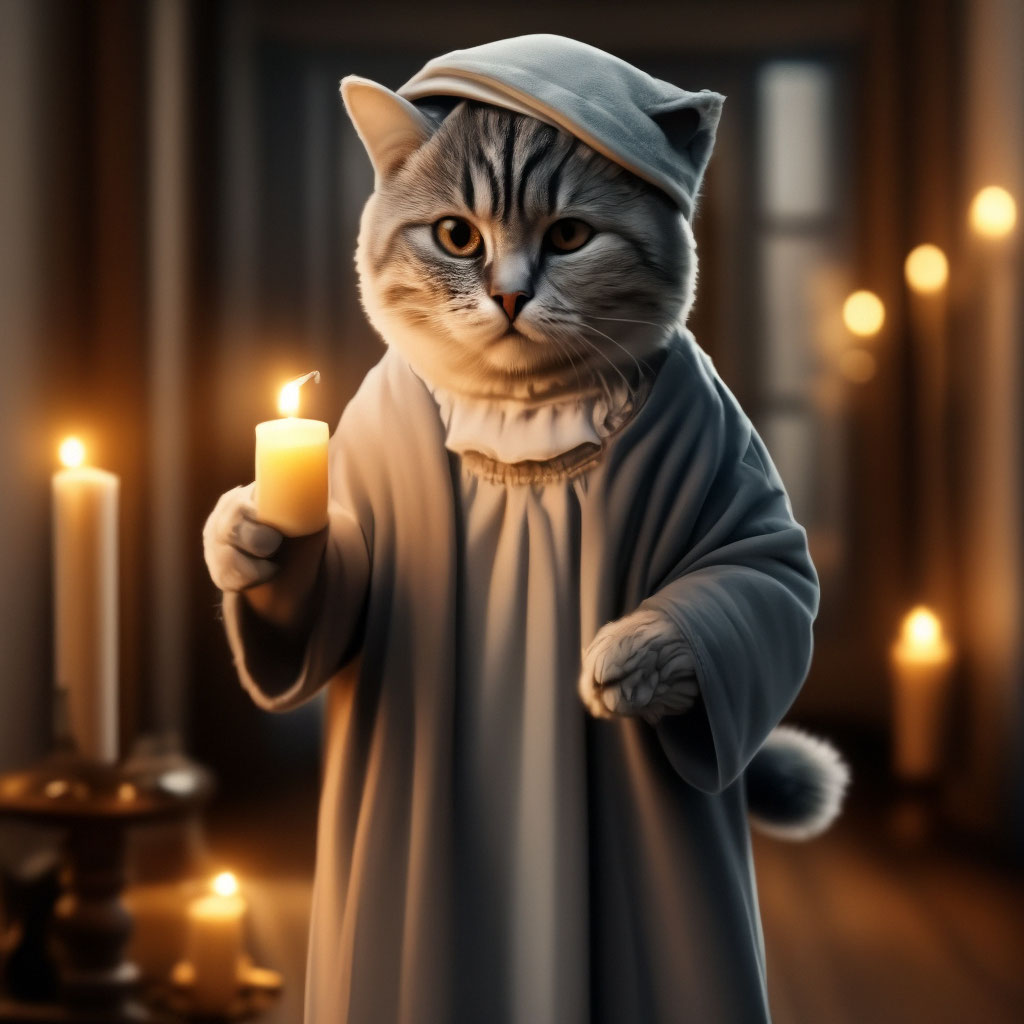 "An anthropomorphic realistic British cat in a nightgown, nightcap and ...