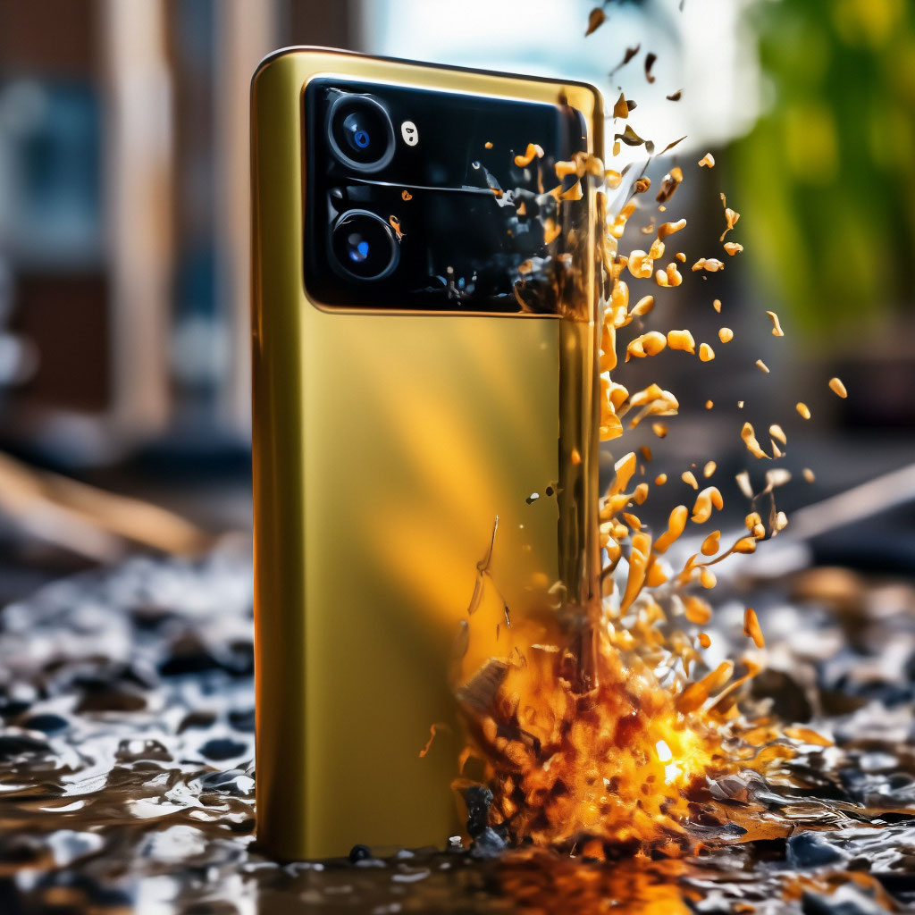 "POCO x5 Pro 5G brand phone explodes" — image created in Shedevrum