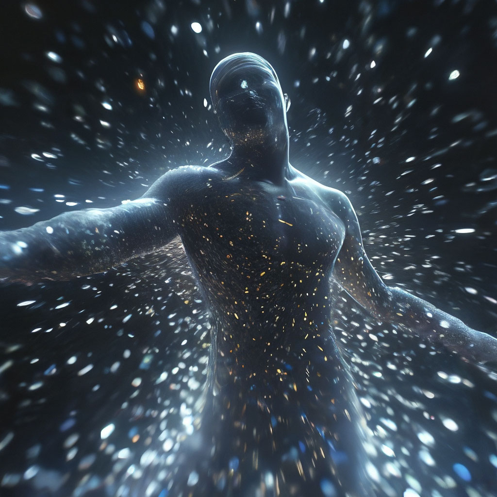 "Man particle chasing" — image created in Shedevrum