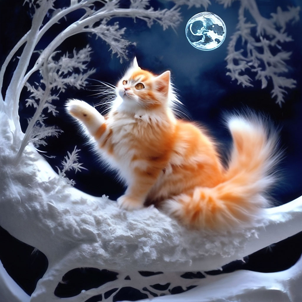 "Moon Cat the lunar orange cat beats the disk of the white moon with ...