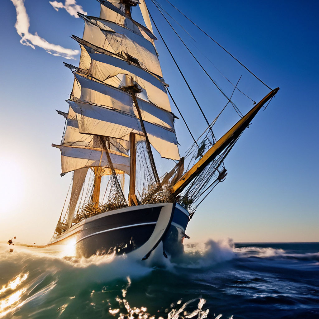 "Dream, clear sea, white sparkling sailing schooner, splashing waves ...
