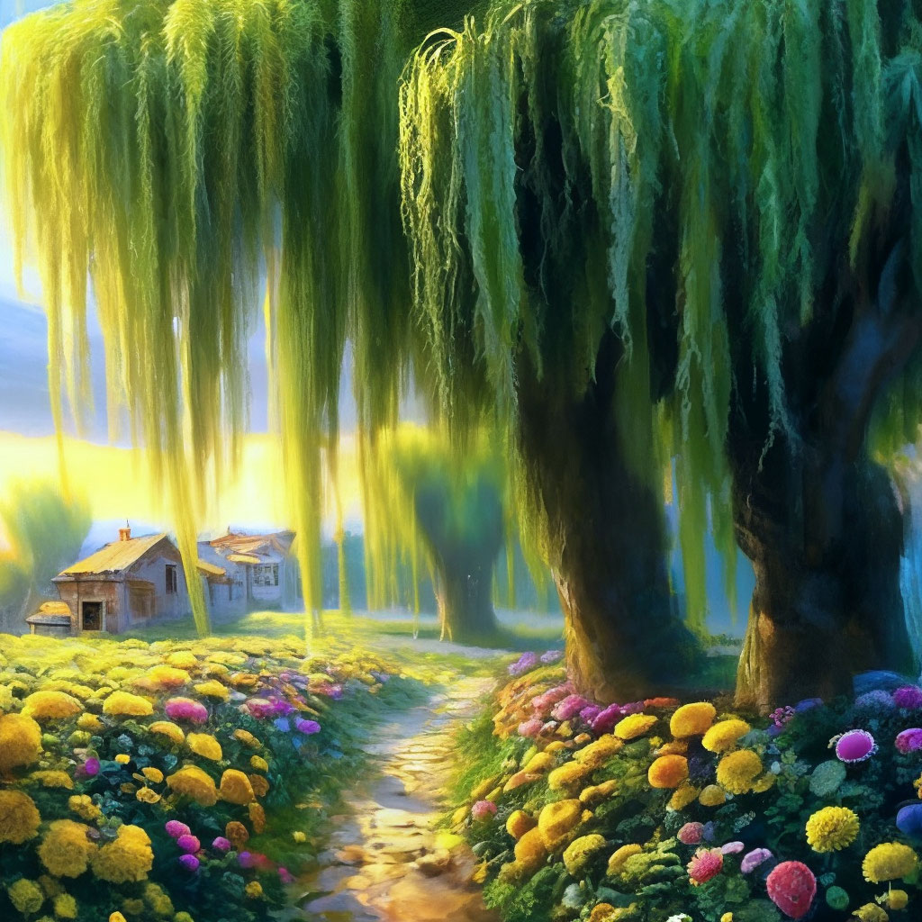 "Fantastic willow trees, chrysanthemums deep drawing of details, epic ...