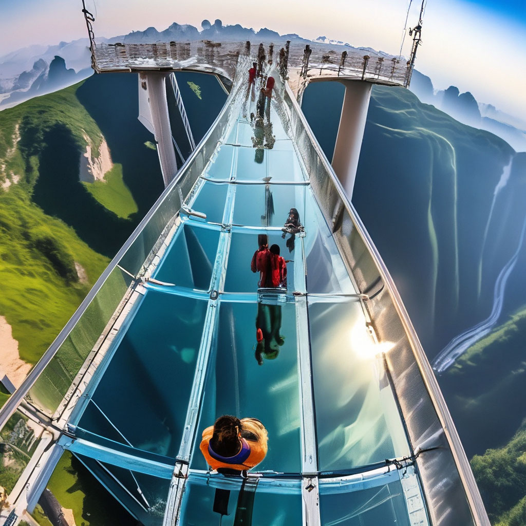 "Glass bridge in China,a long, transparent bridge canvas through which ...