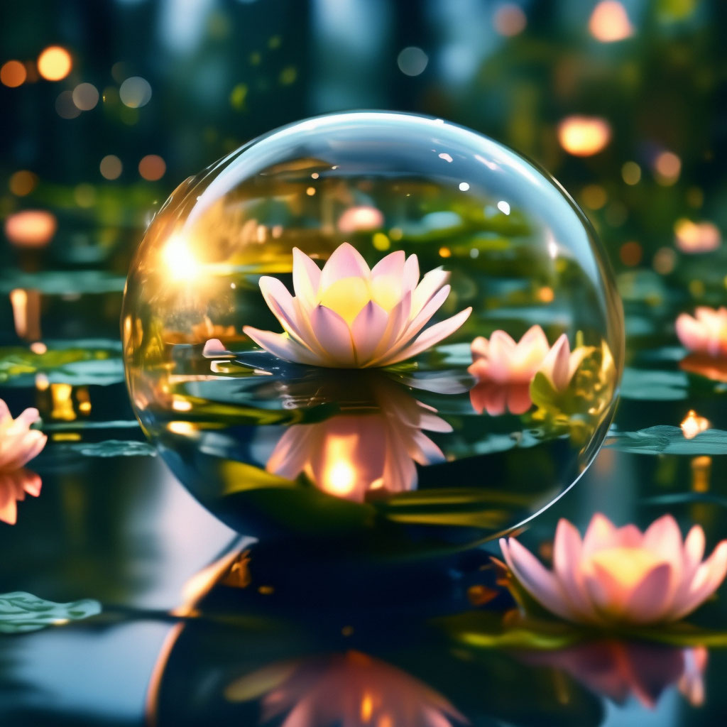 "Pond with water lilies in a glass ball, fireflies, night, beautiful ...