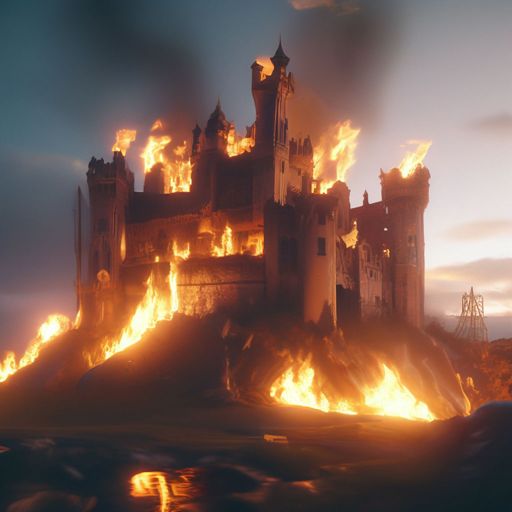 "Abandoned castle on fire, aesthetically pleasing, beautiful, 1/250s ...